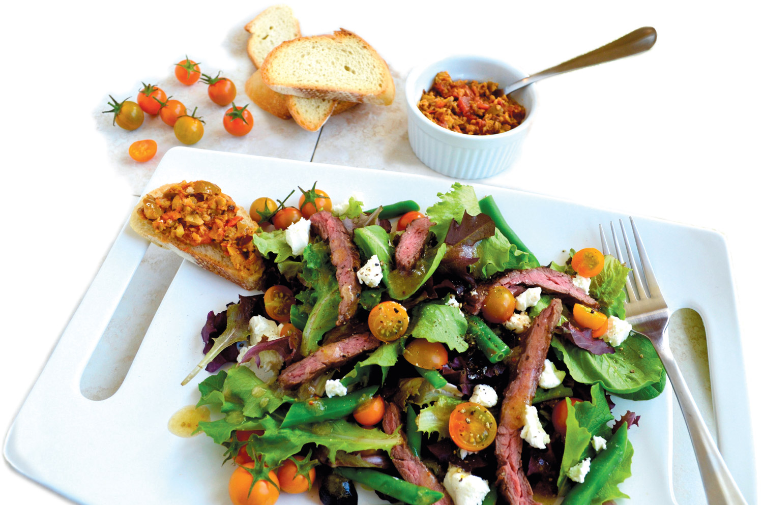 Tri-Tip Salad with Roasted Garlic Dressing and Tapenade Toast
